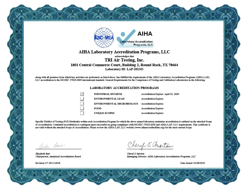 Air Testing Accreditations - TRI Air Testing